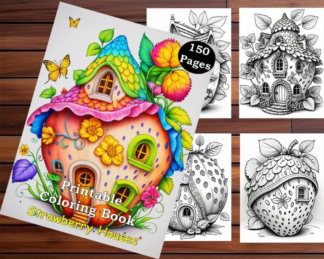 Strawberry House Coloring Book: 150 Grayscale Fairy Homes (digital ...
