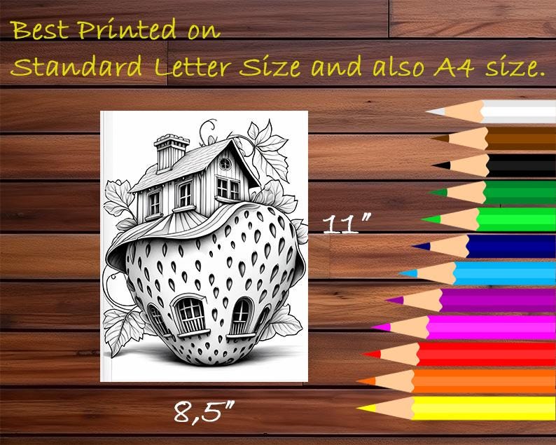Strawberry House Coloring Book: 150 Grayscale Fairy Homes (digital ...