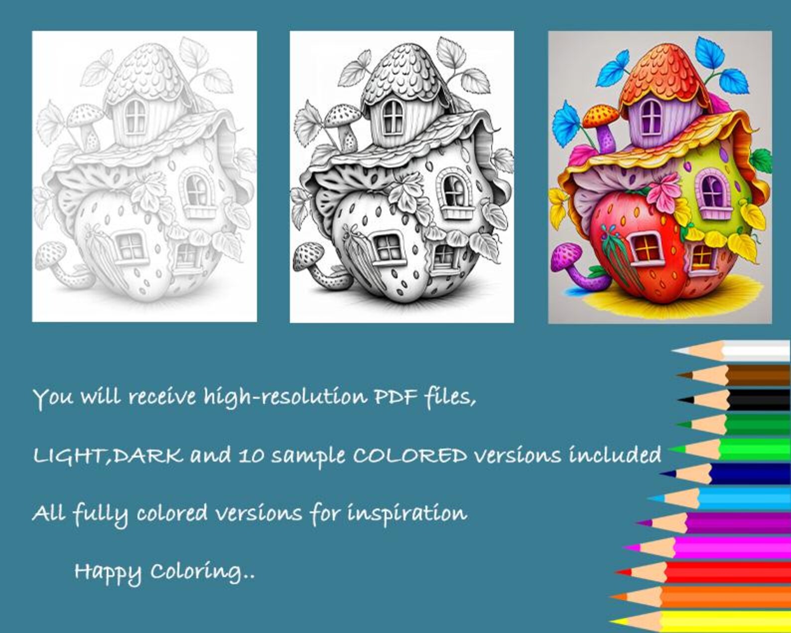 Strawberry House Coloring Book: 150 Grayscale Fairy Homes (digital ...