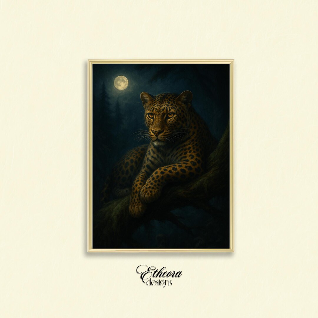 Leopard Under Moonlight, Printable Leopard Wall Art, Dark Forest Theme ...