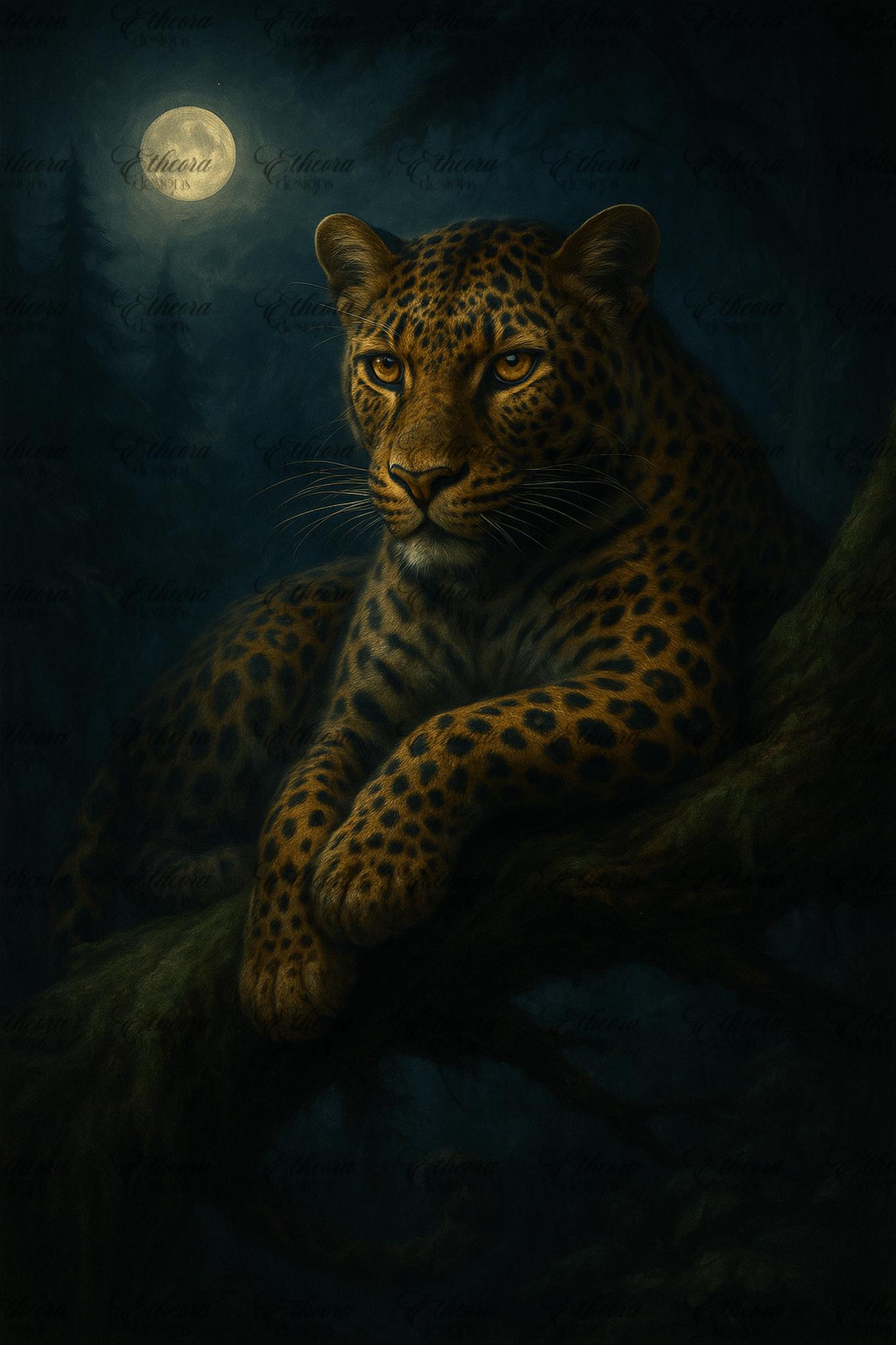 Leopard Under Moonlight, Printable Leopard Wall Art, Dark Forest Theme ...