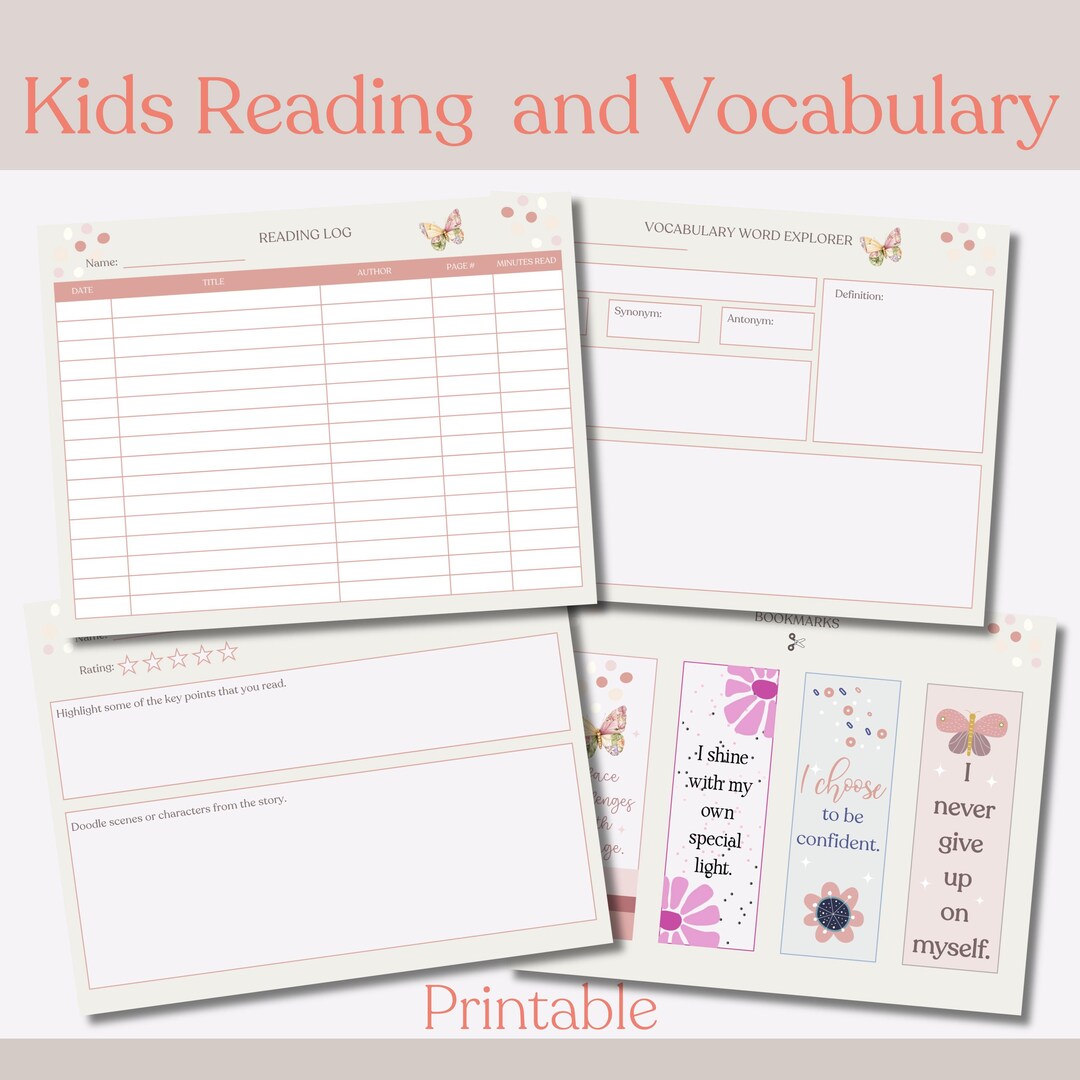 Kids Reading Journal Printable, Reading Log, Vocabulary, Bookmark (PDF ...