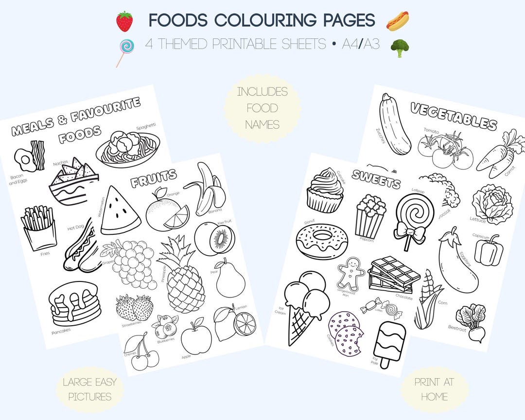 Food Colouring Pages for Kids | Printable Fruit, Vegetables, Sweets ...