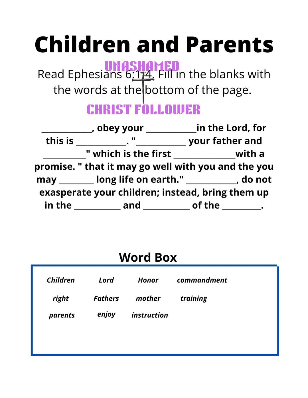 Ephesians 6 Fill in the Blanks ( Children and Parents & Body Armor of ...