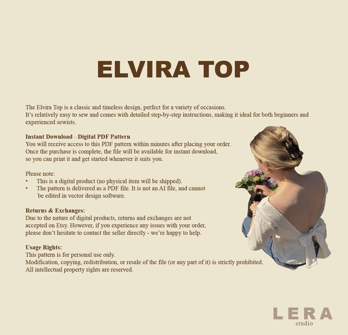 Elvira Tie-back Top Sewing Pattern: Open Back Bow Blouse (digital PDF ...