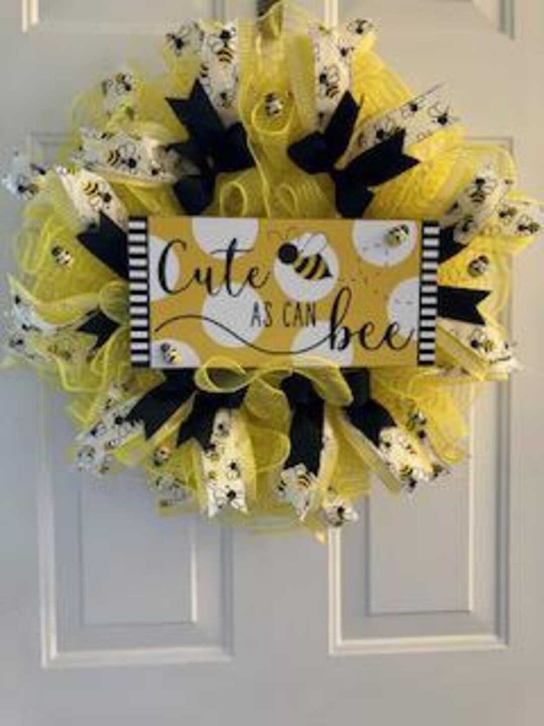 Bee Theme Deco Mesh Wreath With Yellow and Black Accents and Ribbon, 14 ...