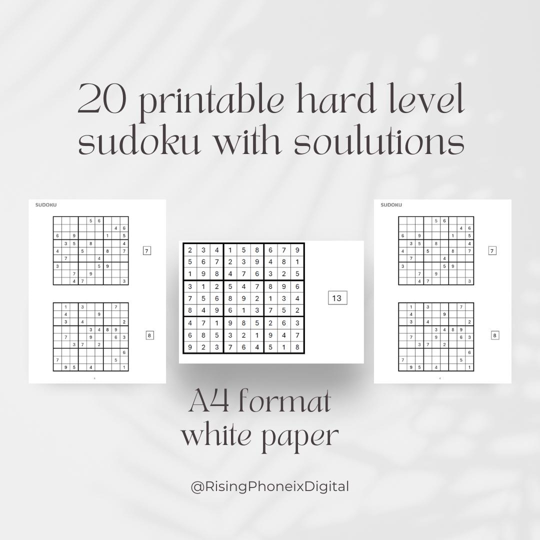 20 Printable Hard Sudoku With Solutions - Etsy