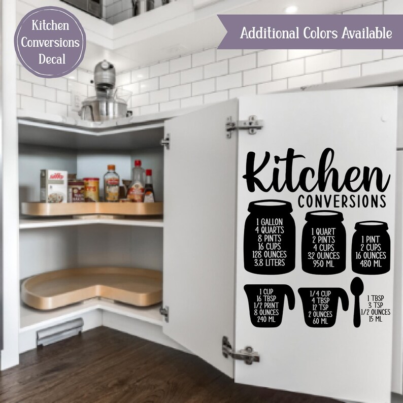 Kitchen Conversion Chart Decal Cabinet Door Measurement Sticker Cooking ...