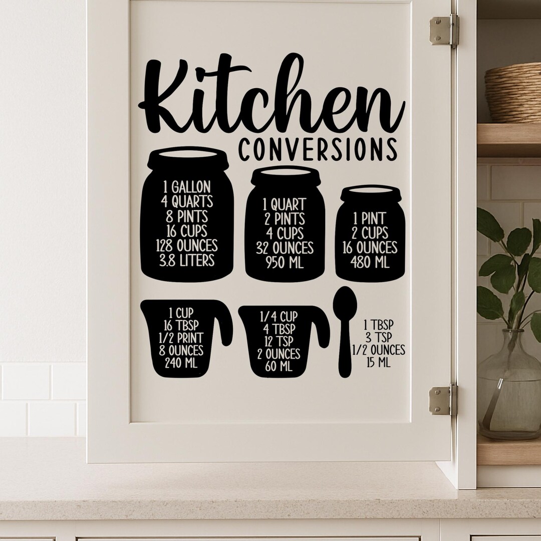 Kitchen Conversion Chart Decal Cabinet Door Measurement Sticker Cooking ...