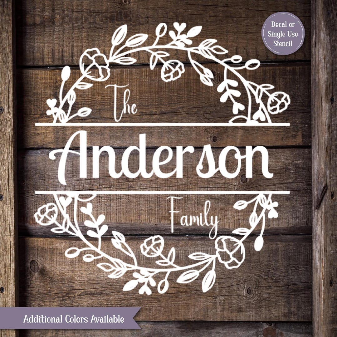 Family Name Monogram DECAL or STENCIL, Floral Wreath Custom Last Name ...