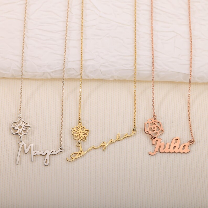 Custom Birth Flower Necklace With Name, Personalized Name Necklace With ...