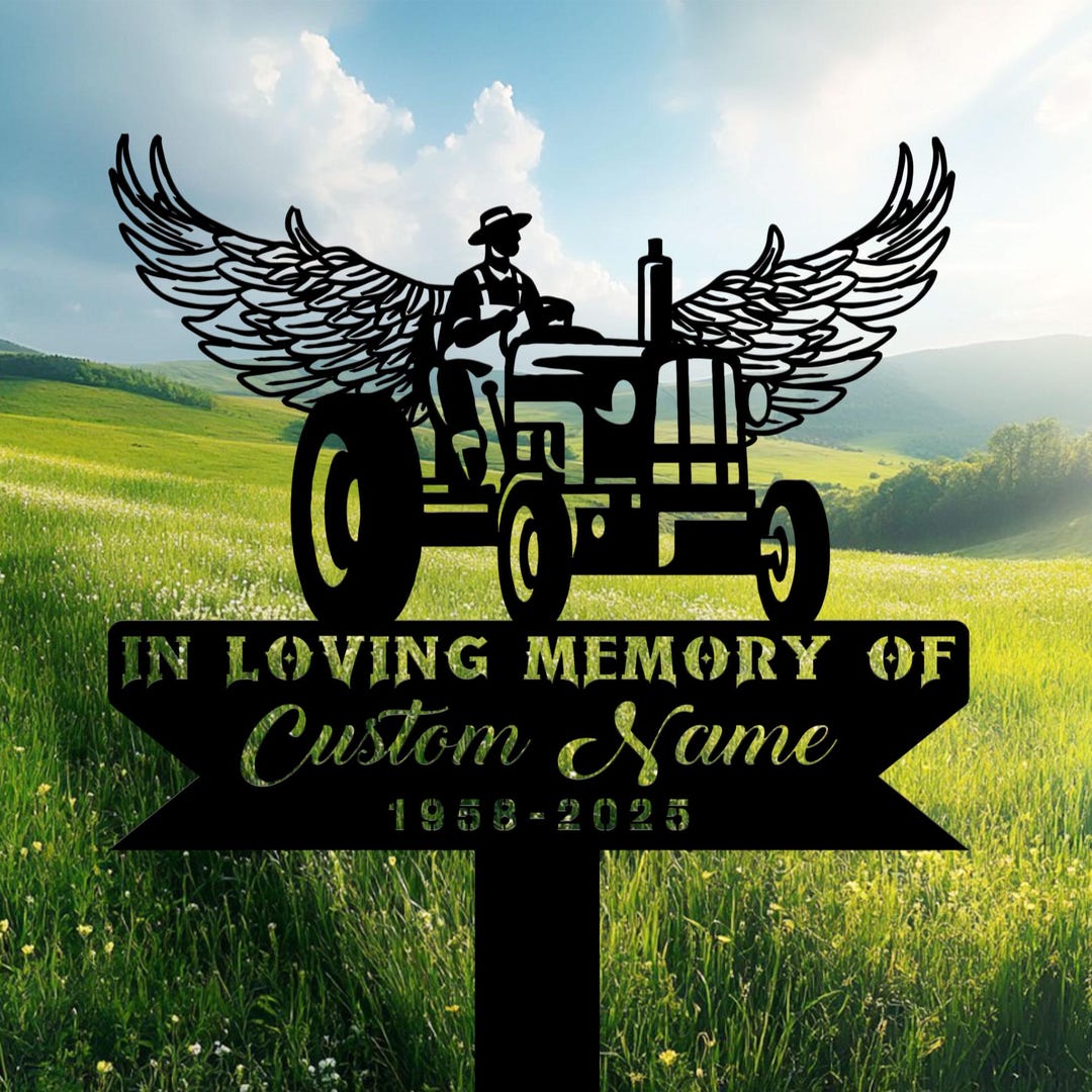 Personalized Tractor Memorial Stake, Metal Farm Sign With Angel Wings ...