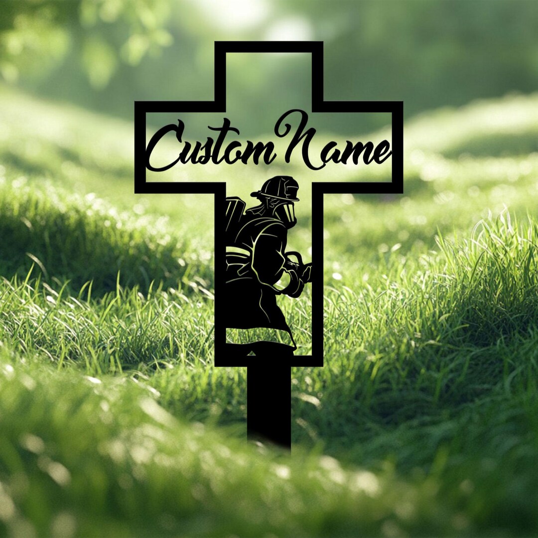 Personalized Fireman Memorial Metal Stake, Firefighter Cross Metal Sign ...
