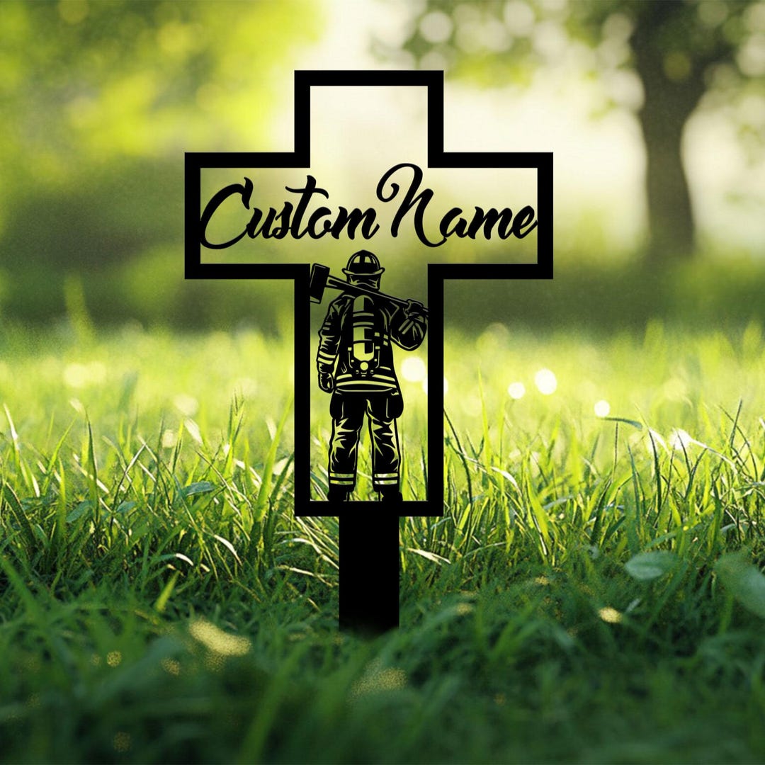 Personalized Fireman Memorial Metal Stake, Firefighter Cross Metal Sign ...
