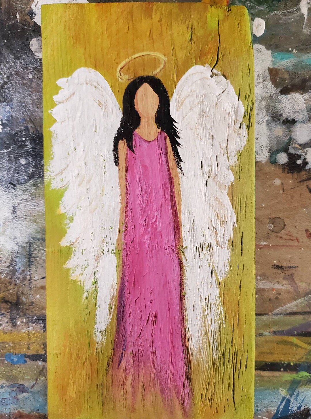 Angel Fuchsia Dress Wings Dark Hair Home Decor Rustic Wood Farmhouse ...