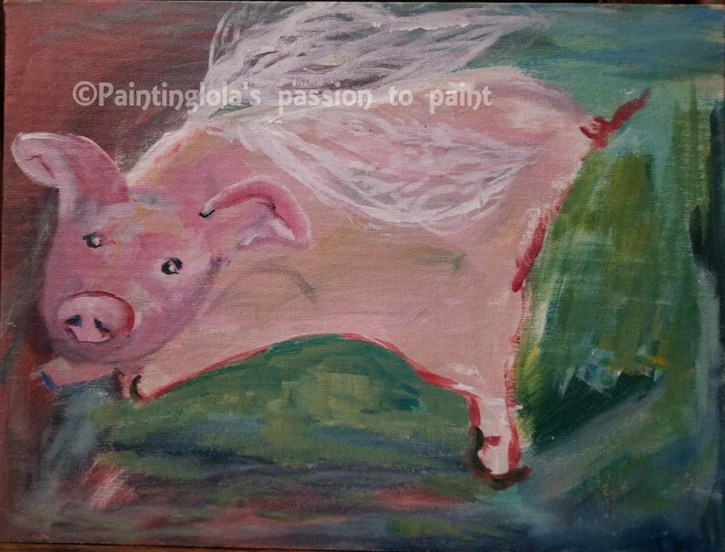 Flying Pig Animal Farm Wings Abstract Art Painting Ooak Decor - Etsy
