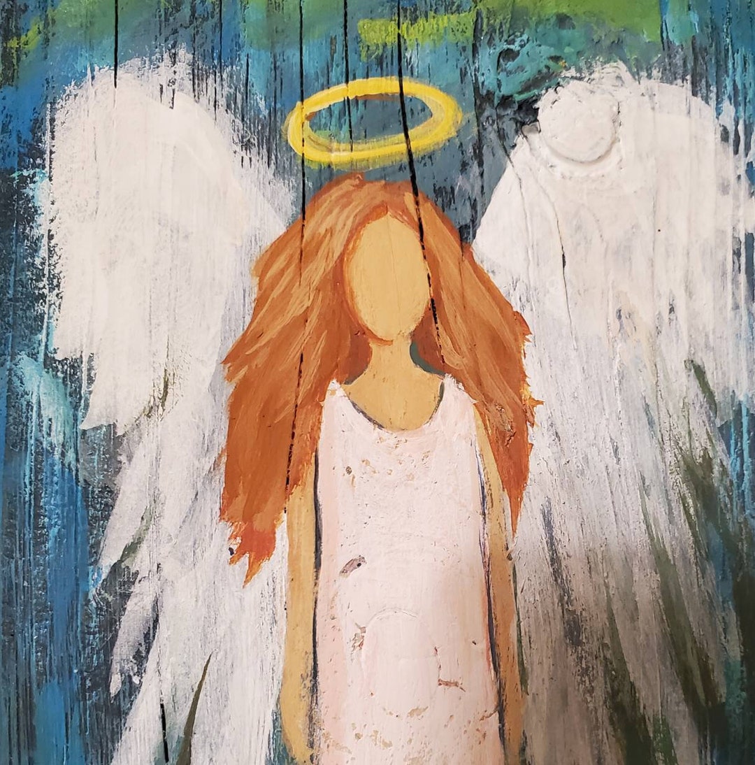 Angel Art Red Hair Rustic Wood Farmhouse Spiritual Painting Small ...