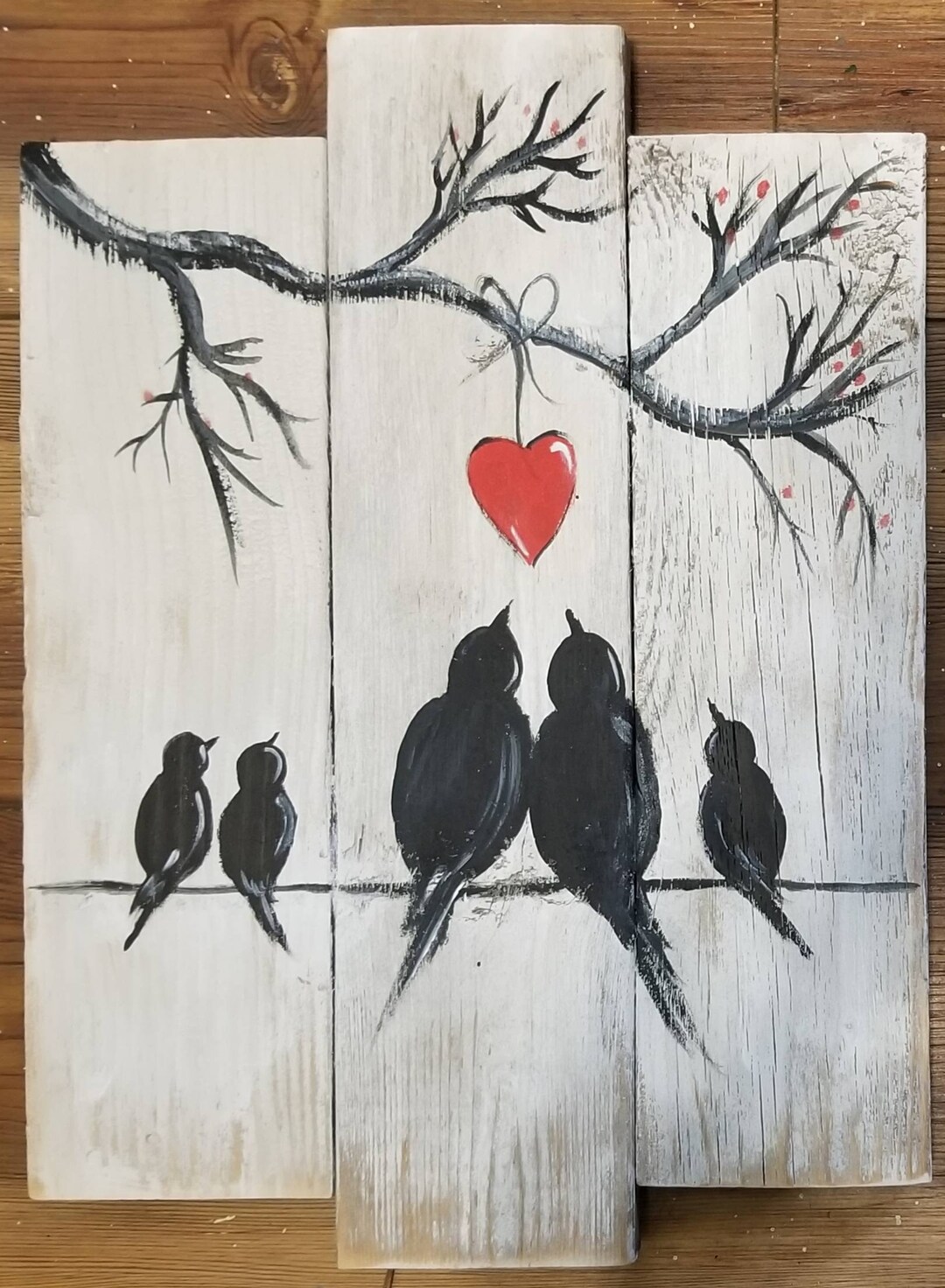 Birds on a Wire Heart Tree Love Reclaimed Rustic Wood Art Home Decor ...