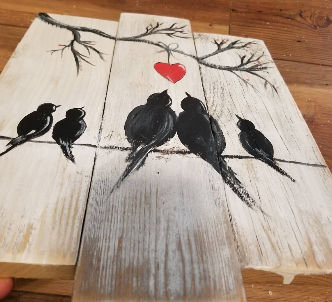 Birds on a Wire Heart Tree Love Reclaimed Rustic Wood Art Home Decor ...