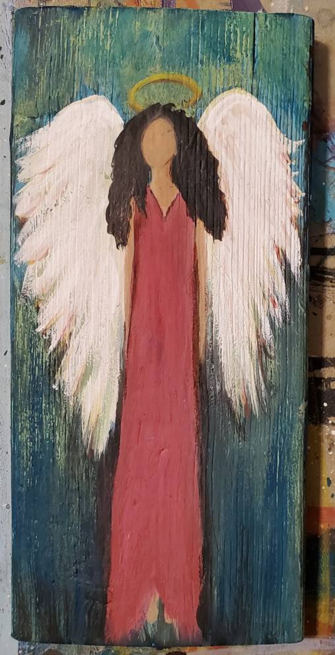 Angel Dark Hair Abstract Wings Rustic Wood Farmhouse Spiritual Small ...