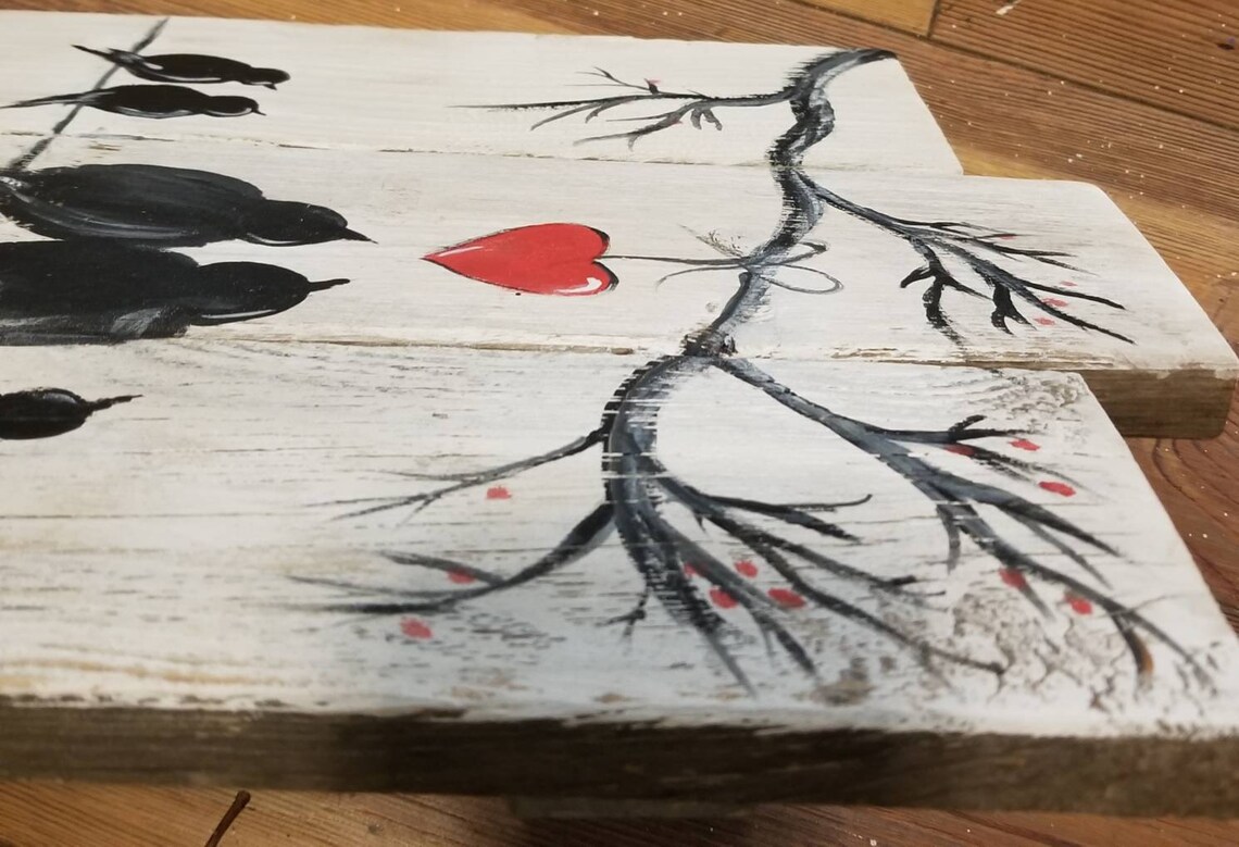 Birds on a Wire Heart Tree Love Reclaimed Rustic Wood Art Home Decor ...