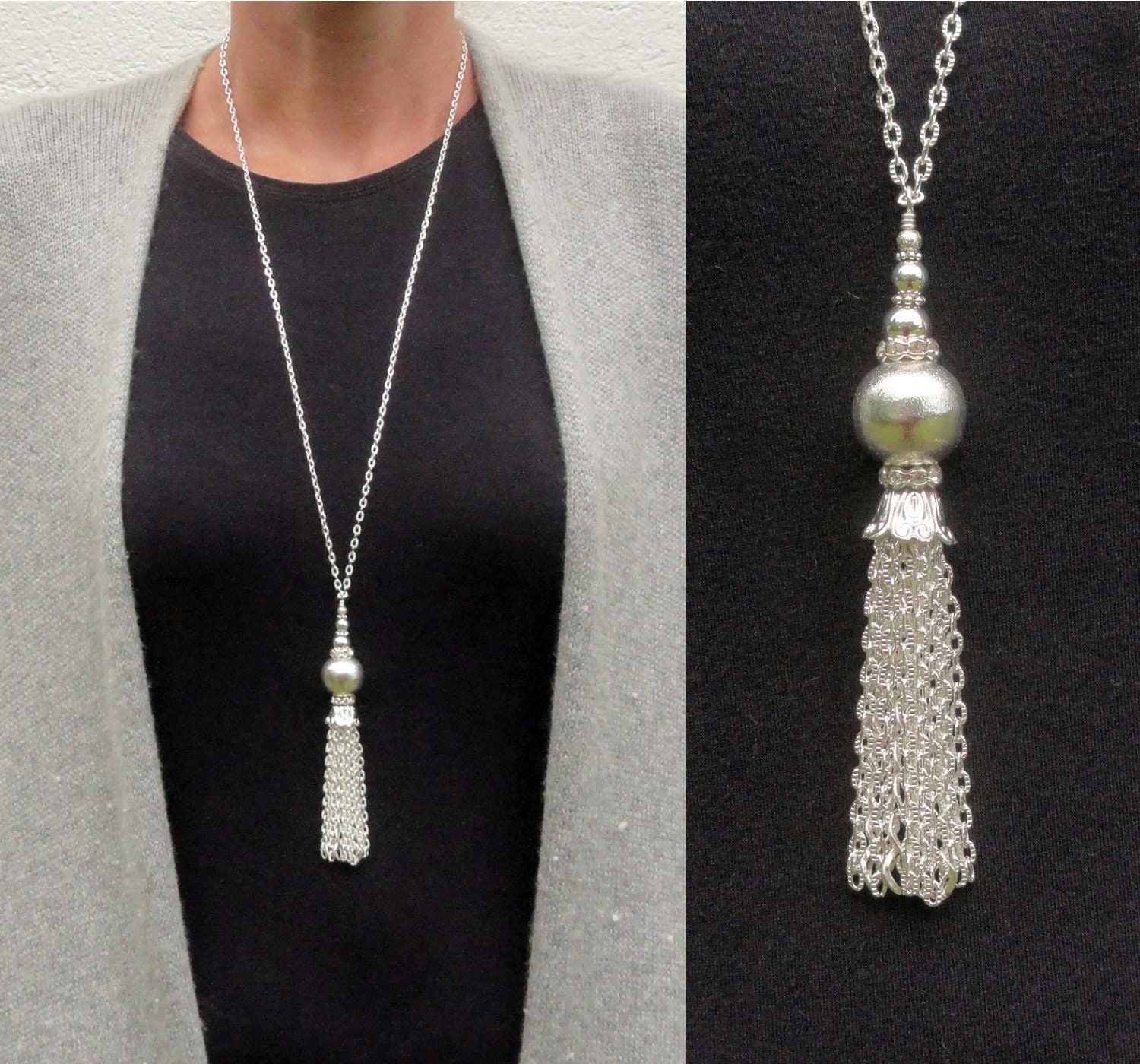 Silver Tassel Necklace Long Tassel Necklace Large Silver Etsy
