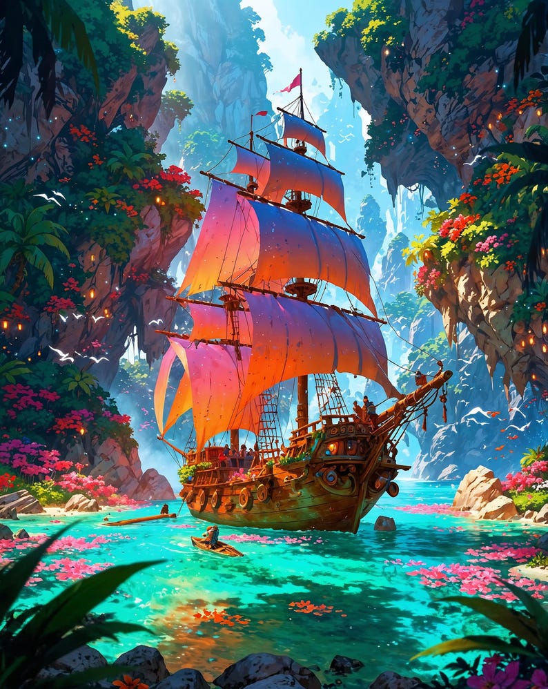 Fantasy Pirate Ship Wall Art, Vibrant Tropical Island, Enchanted Anime ...