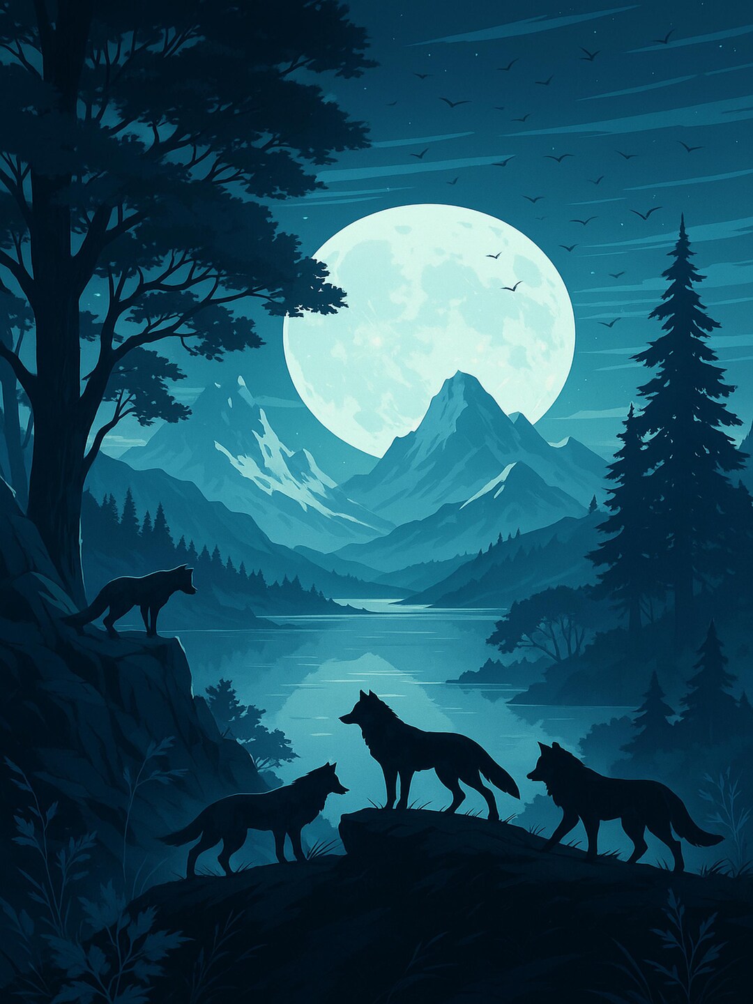 Minimalist Wolf Pack Printable Wall Art, Moon Wolf Digital Download ...