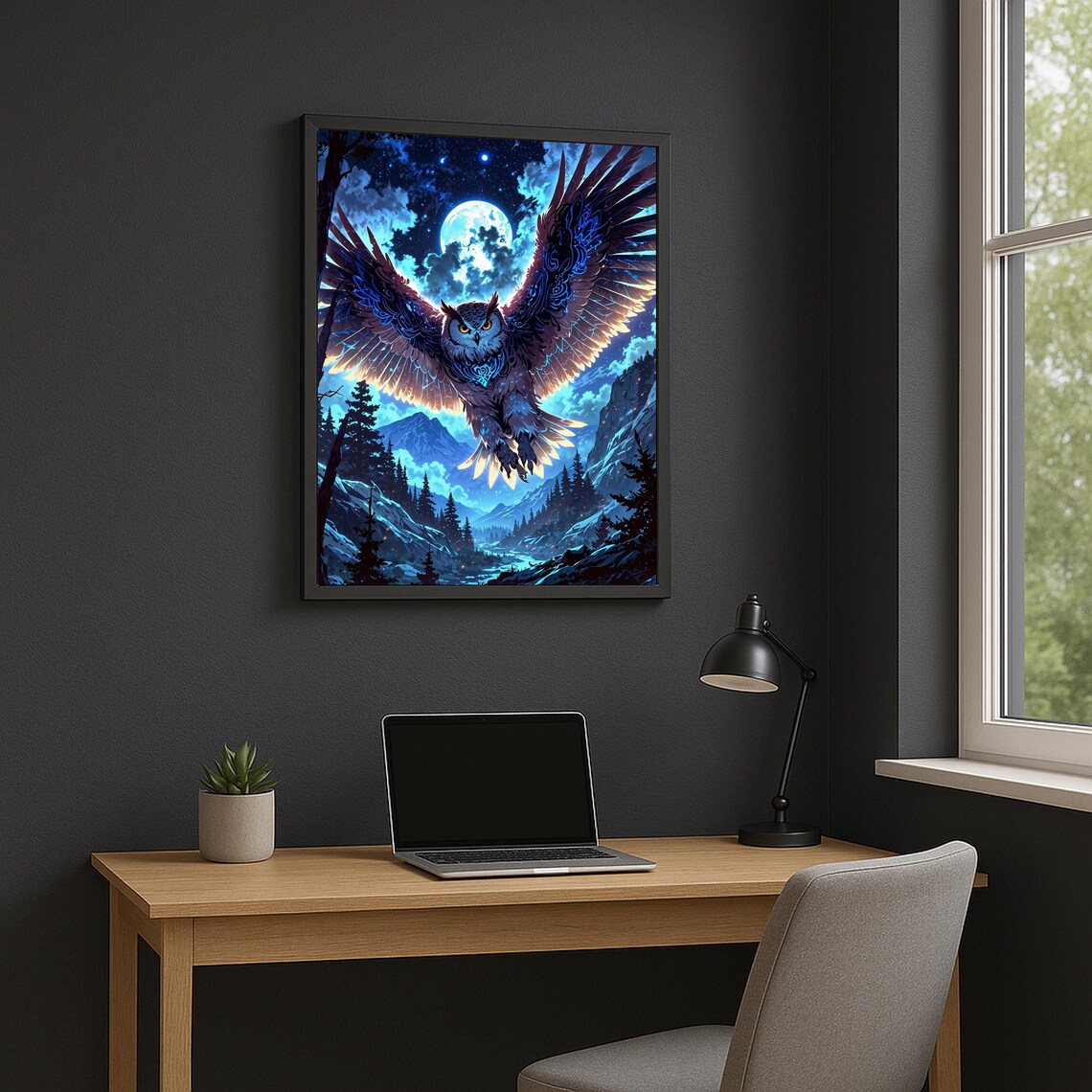 Fantasy Owl Wall Art, Majestic Owl Under Moonlight, Epic Anime-style ...
