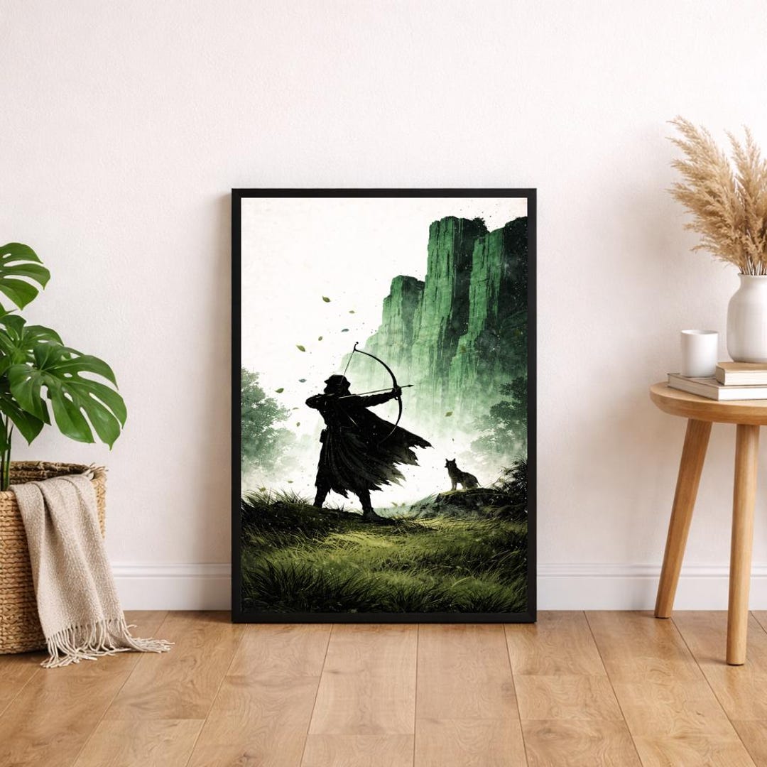 Forest Archer Print, Green Cliff Hunter Poster, Nature Fantasy, Bowman ...