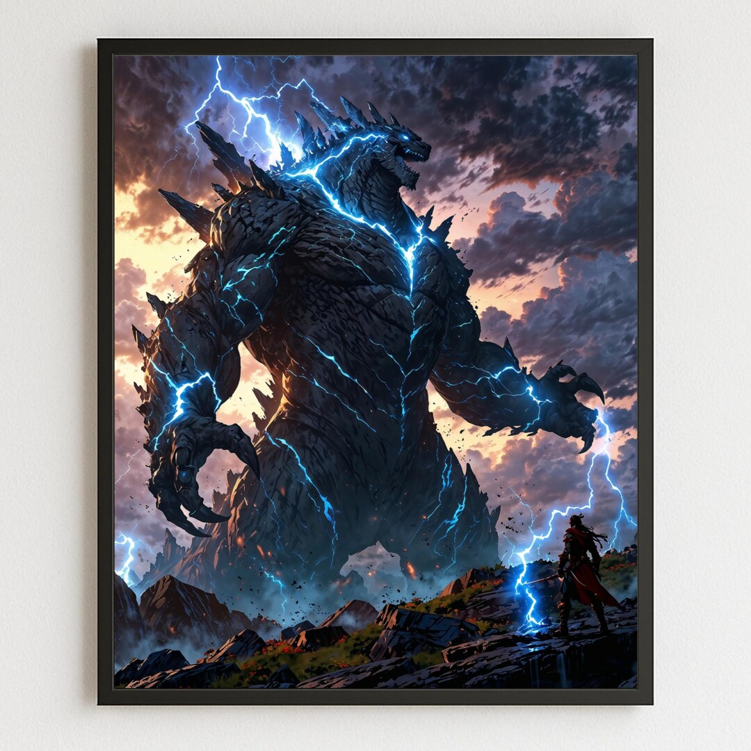 Epic Kaiju Battle Poster, Hero Vs Monster Wall Art, Storm Titan Poster ...