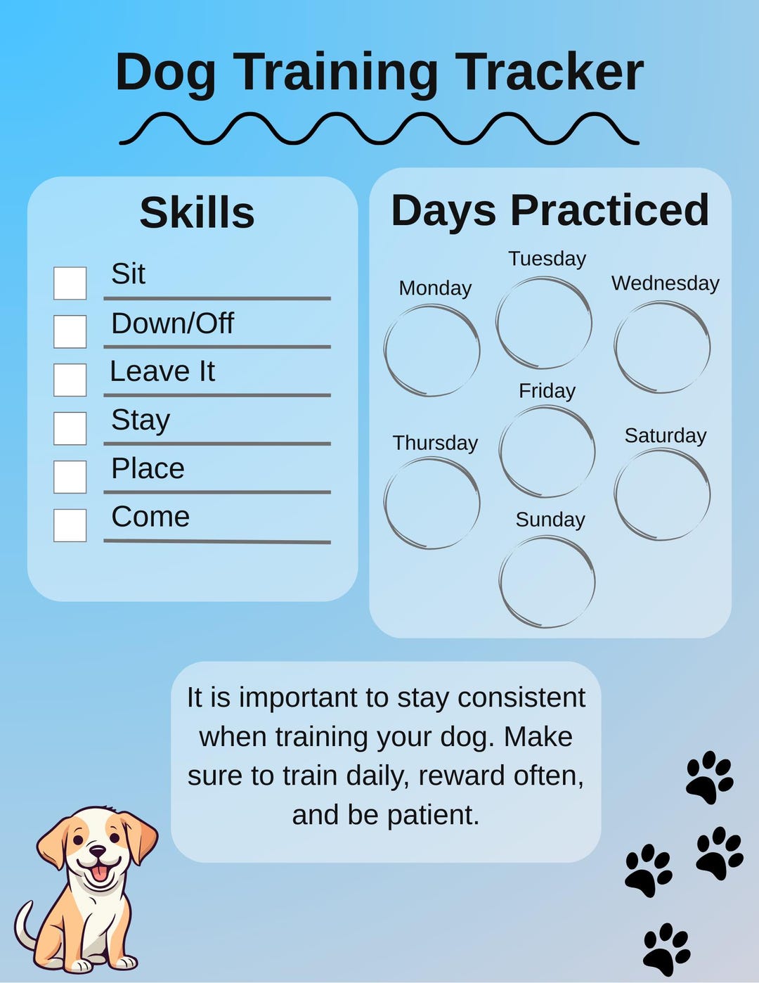 Dog Training Tracker | Printable Puppy Training Log | Weekly Obedience ...