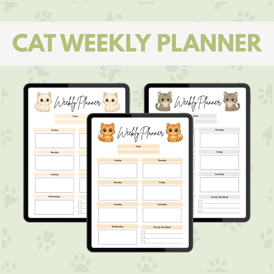 Kawaii Cat Weekly Planner Printable | Cute Cat-themed PDF | Orange ...