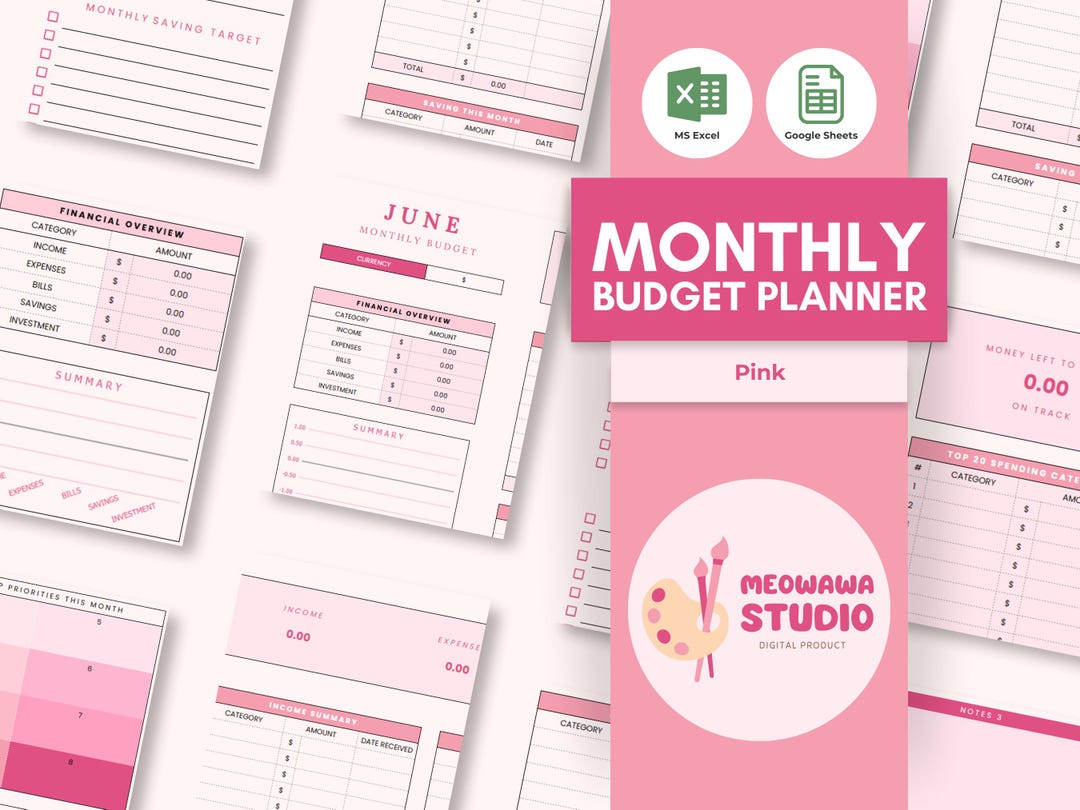 Pink Monthly Budget Planner Spreadsheet | Aesthetic Excel Finance ...