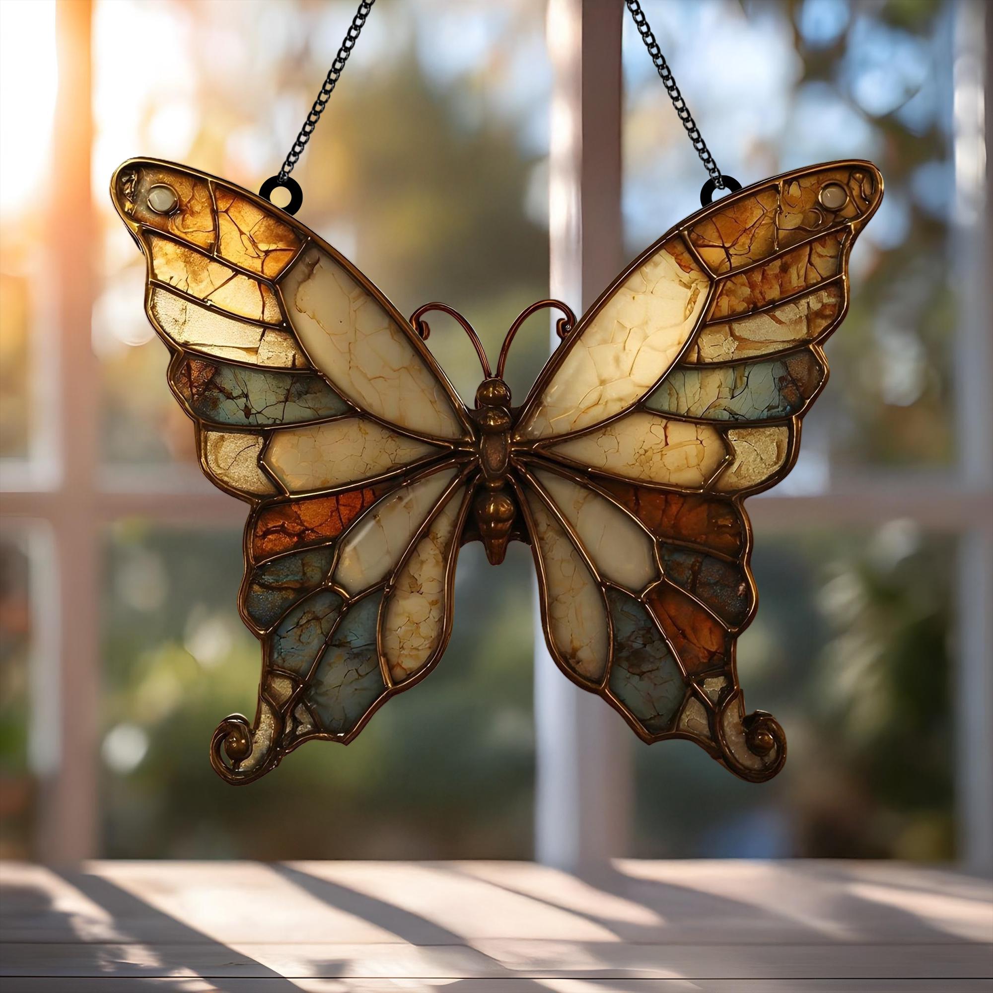 Vintage Butterfly Acrylic Suncatcher, Faux Stained Glass Window Hanging ...