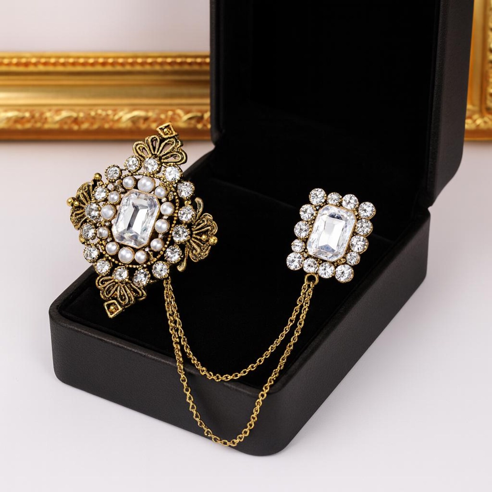 Vintage Crystal & Pearl Double Brooch Chain Pin – Victorian Style Gold ...