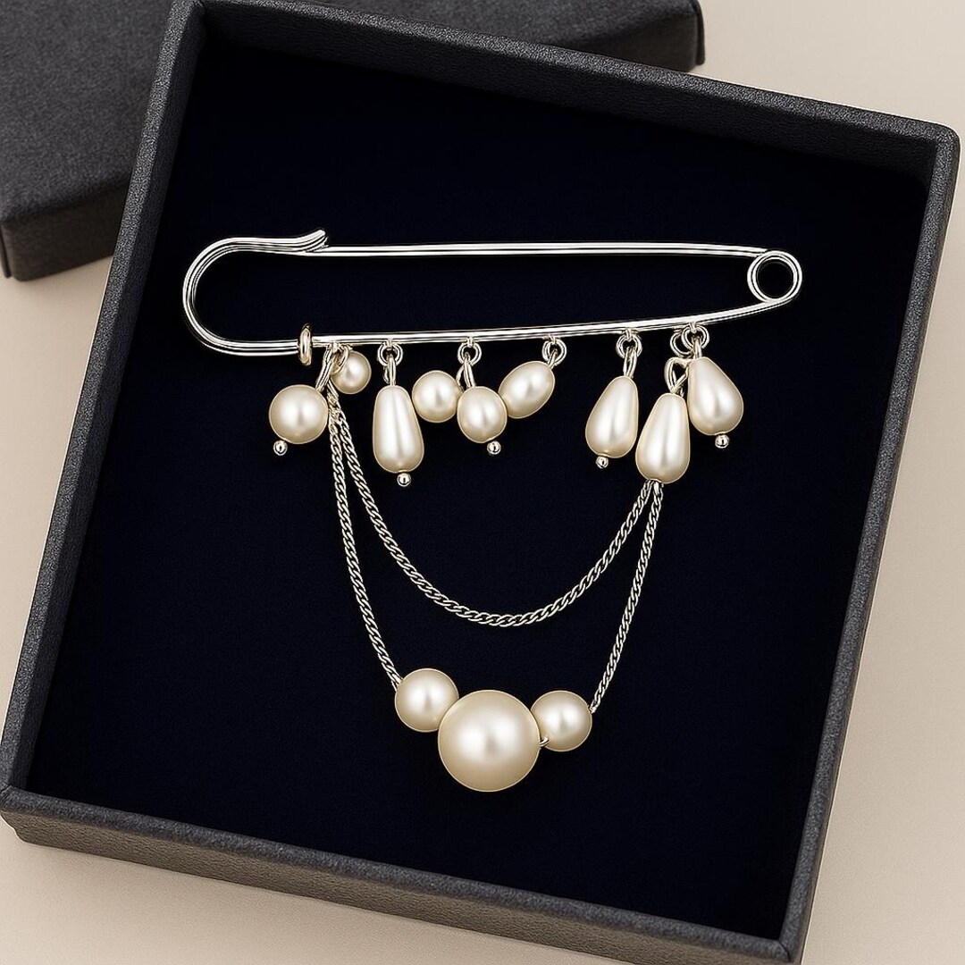 Vintage Pearl Chain Brooch for Women — Silver Pin With Dangling Faux ...