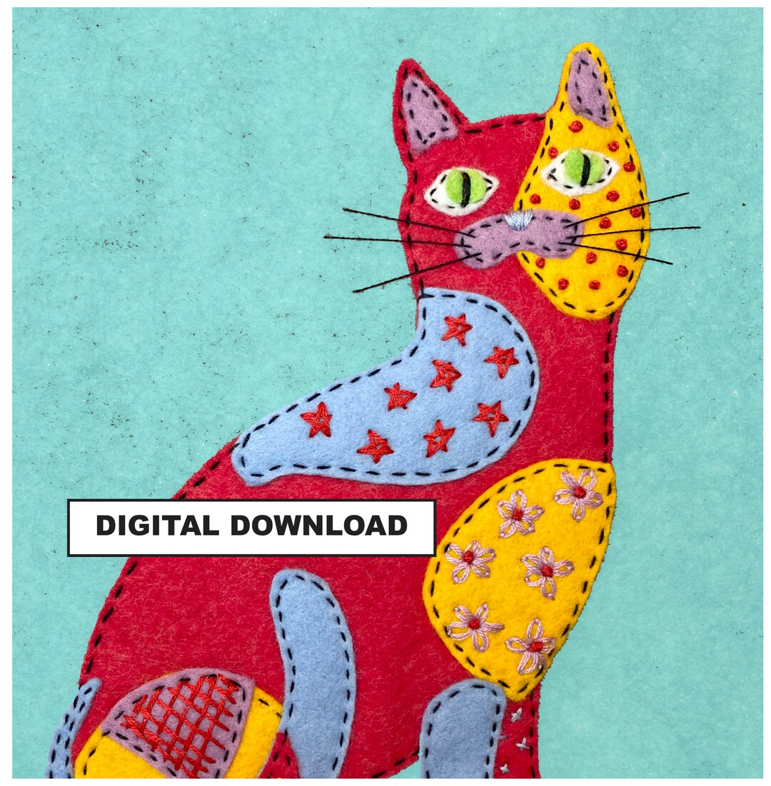 Digital Download - Felt Applique Cat - Colorful Whimsical Calico Cat ...