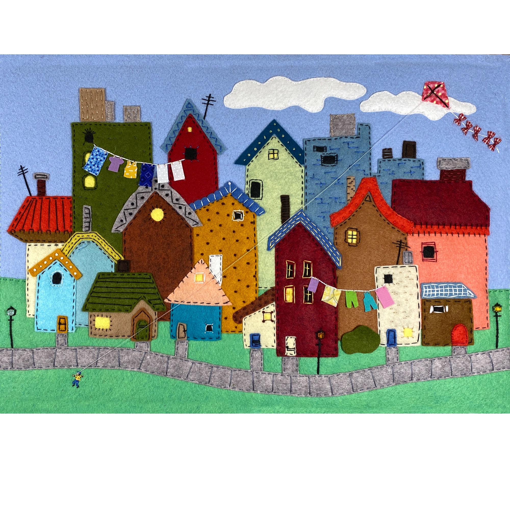 Felt Appliqué Complete Kit: Tiny Town Wool Blend Embroidery - Wall Art ...