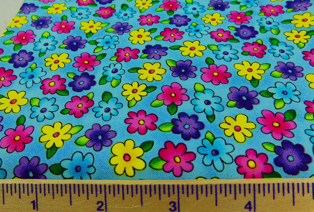 Multi-color Flower Fabric With Green Leaves on a Blue Background by ...