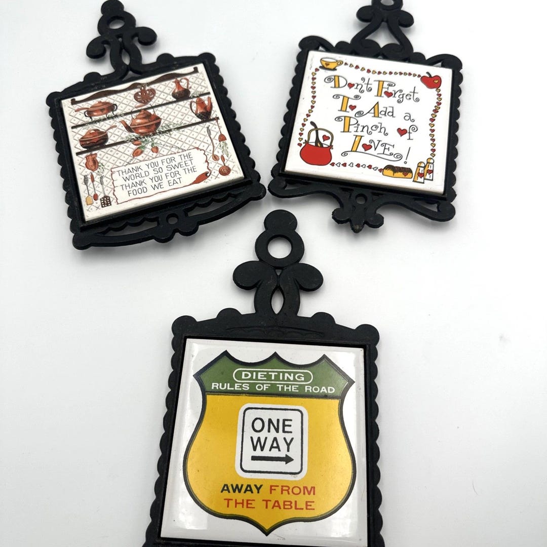 3 Vintage Cast Iron Painted Ceramic Tile Hot Plate Kitchen Decor - Etsy