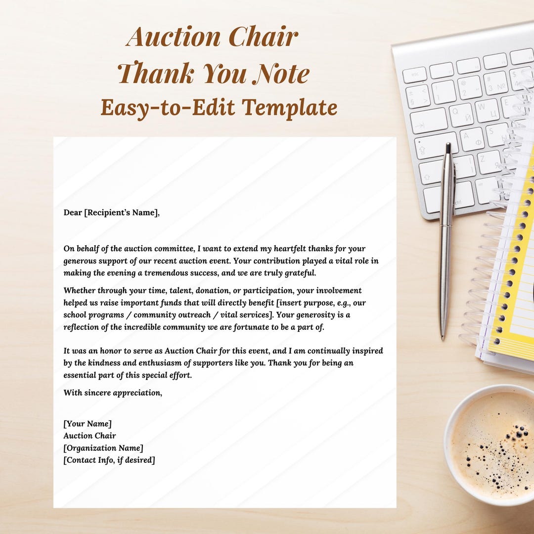 Printable Chairperson Thank You Letter | Editable Auction Appreciation ...