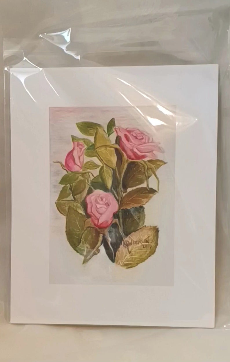 Pink Roses Colored Pencil Art Print, Floral Kitchen Living Room Decor ...