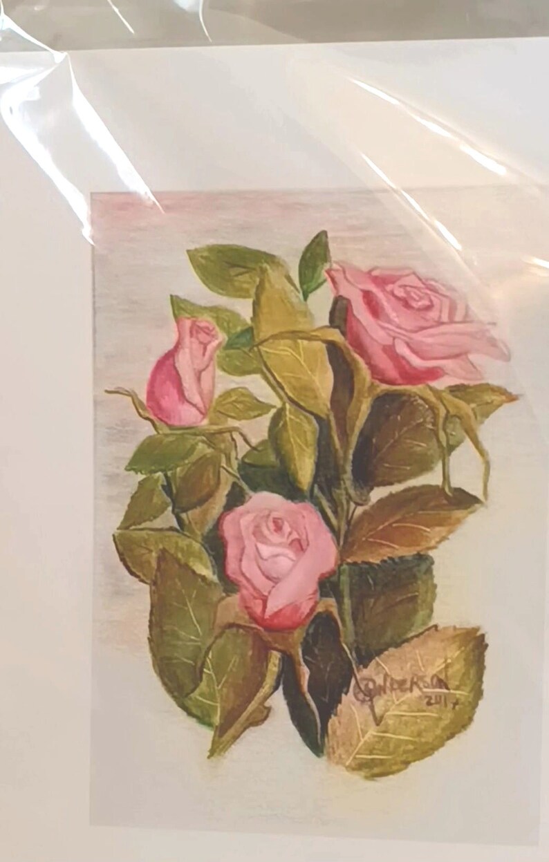 Pink Roses Colored Pencil Art Print, Floral Kitchen Living Room Decor ...