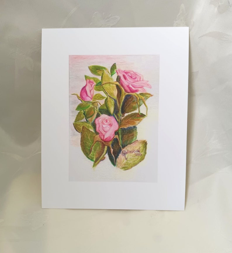 Pink Roses Colored Pencil Art Print, Floral Kitchen Living Room Decor ...