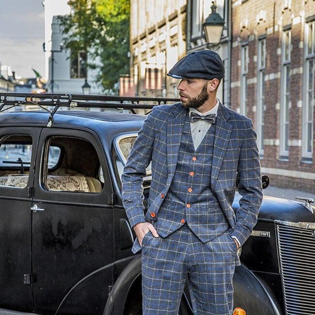 Men's Tailored Suit | 3-piece Suit | Grey/blue Overcheck Twill | Johnny ...
