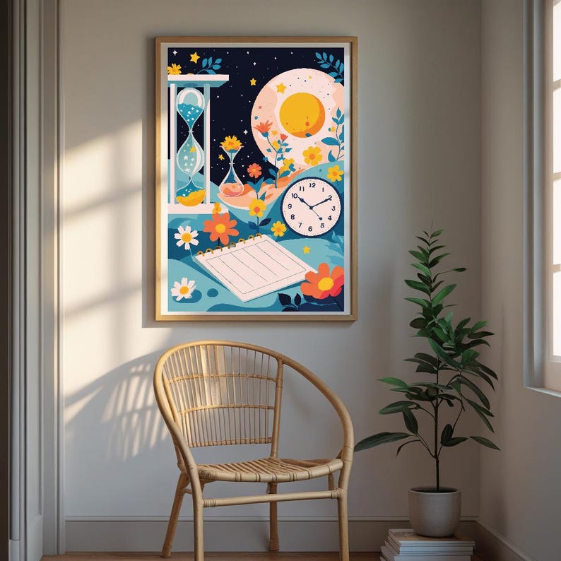 Hourglass, Planner, Flowers & Wall Clock - Elegant Time-themed Digital Wall Art - Illustrator ...