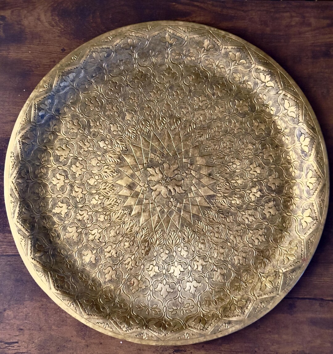 Vintage Hand-etched Brass Tray – Middle Eastern Plate – Floral Mandala ...