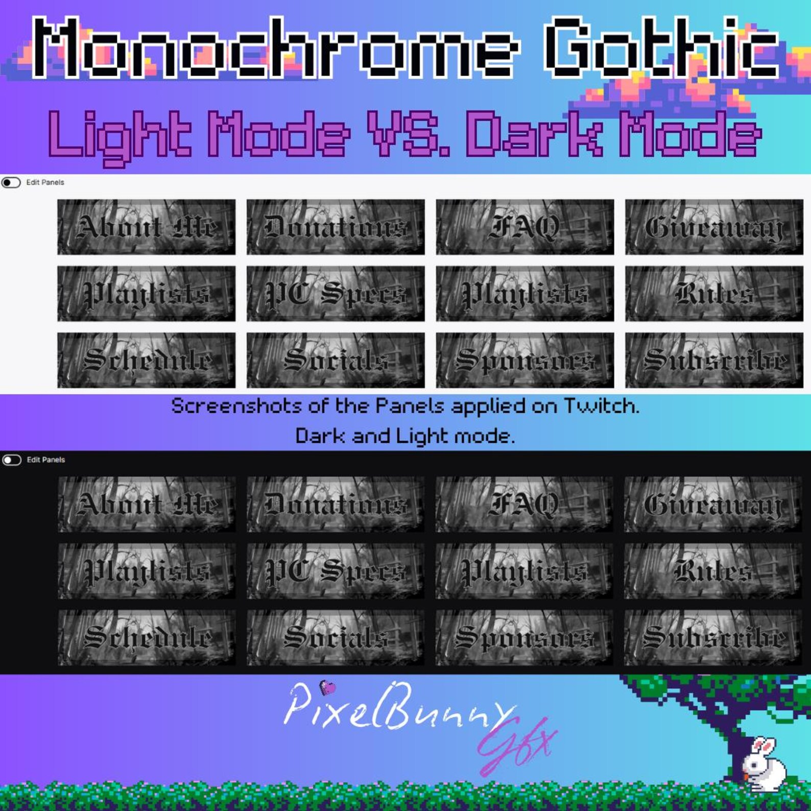 12x Monochrome Gothic Twitch Panels - Canva Template - 320 X 100 Px ...