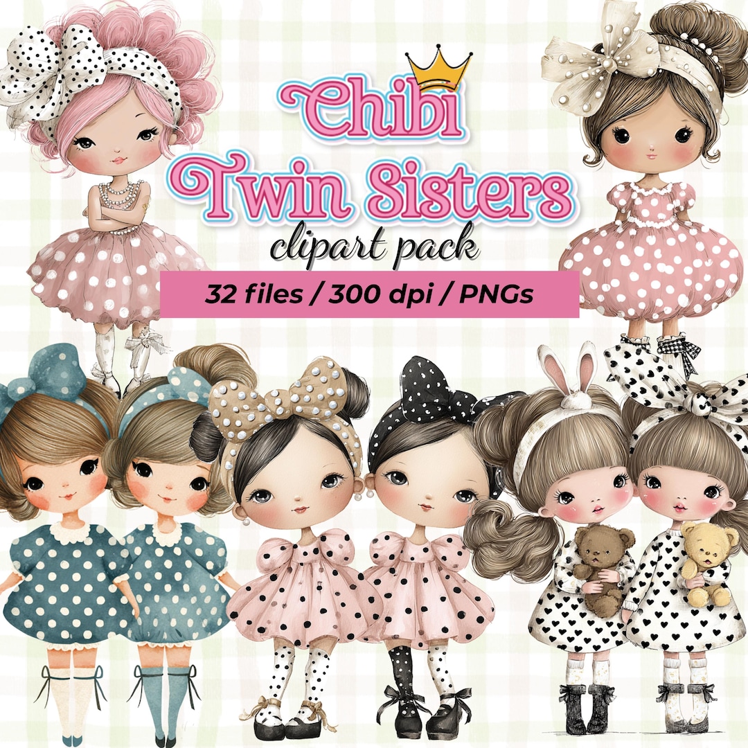 Chibi Twin Sisters Clipart: Kawaii Girls in Polka Dot Dresses (digital ...